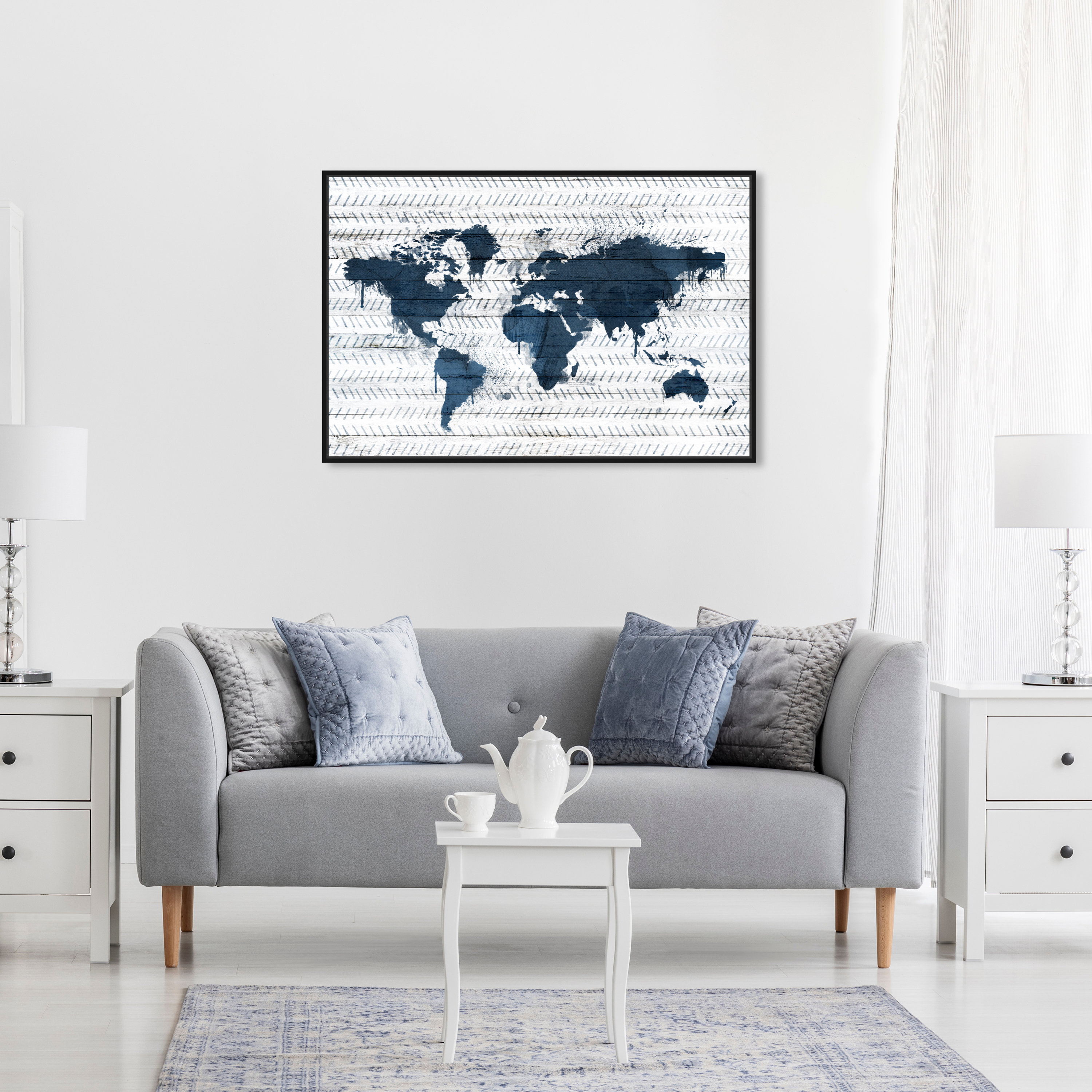 Oliver Gal Prints Mapamundi Boho Navy, Boho World Map Modern Blue Canvas Wall Art Print For ...